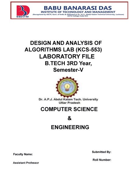 daa lab file front pages design and analysis of algorithms lab kcs 553 laboratory file b 3rd