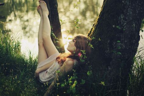 Wallpaper Sunlight Trees Forest Women Outdoors Looking Away Nature Brunette Barefoot