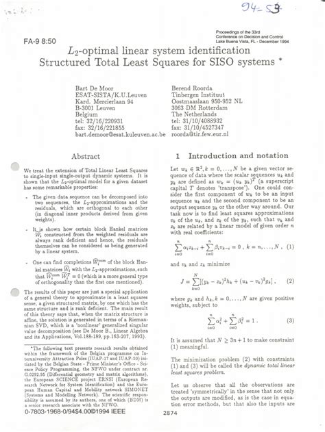 pdf l2 optimal linear system identification structured total least squares for siso systems