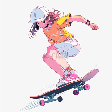 滑板卡通运动女孩手绘元素素材图片免费下载 千库网