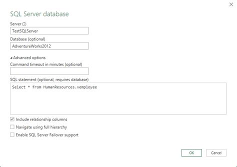 import data from a database using native database query power query microsoft learn