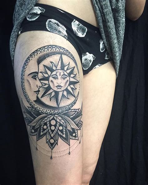 Sun And Moon Thigh Tattoo