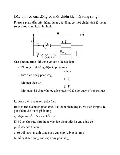 Đặc tính động cơ kích từ 1 chiều song song Đặc tính cơ của động cơ
