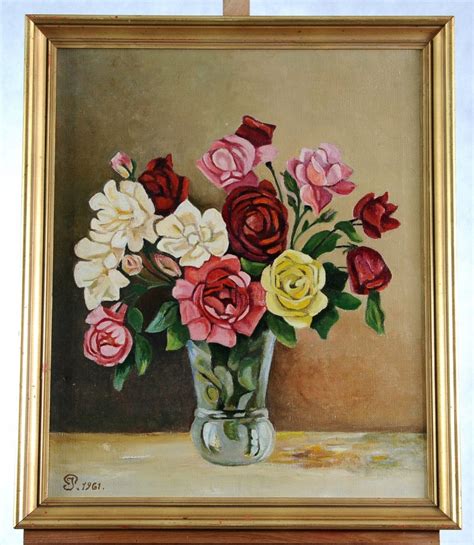 RÓŻE W WAZONIE PRZEPIĘKNY OBRAZ OLEJNY 1961 ROK 10114630523