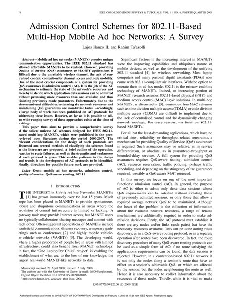 pdf admission control schemes for 802 11 based multi hop mobile ad hoc networks a survey