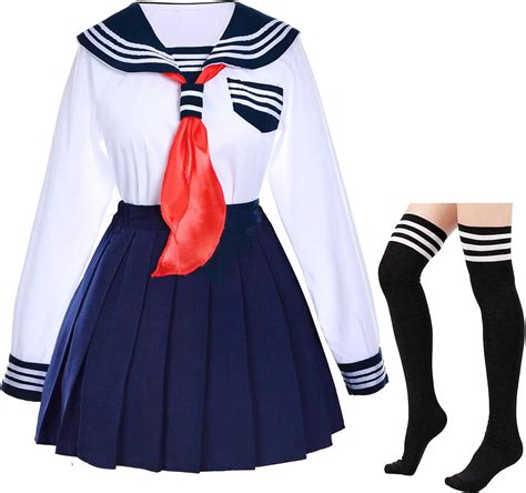 Elibelle Japanese School Girls Uniform Sailor Navy Blue Pleated Skirt Anime Cosplay Costumes