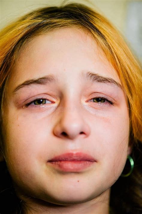 Little Sad Girl After Crying Crying Little Beautiful Girl With Sad Green Eyes And Frowning Face