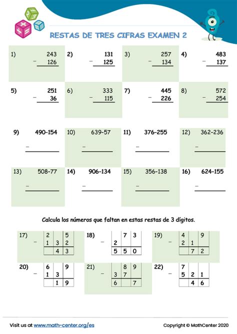 Tercer Grado Pruebas Restas De Tres Cifras Math Center