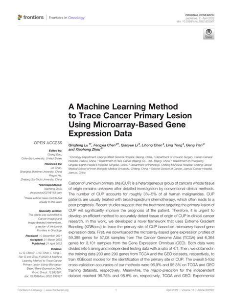 pdf a machine learning method to trace cancer primary lesion using microarray based gene