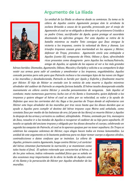 Argumento De La Iliada Argumento De La Il Ada La Unidad De
