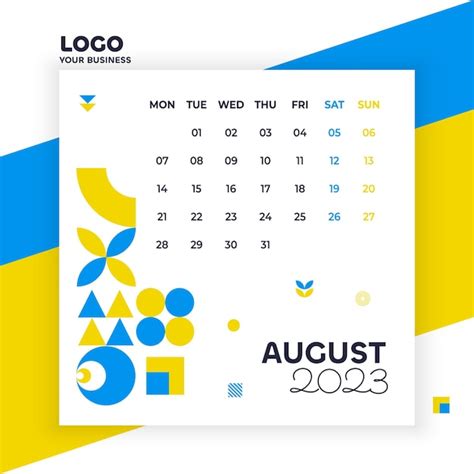 Cartel Del Mes De Agosto En Colores Azul Y Amarillo Calendario