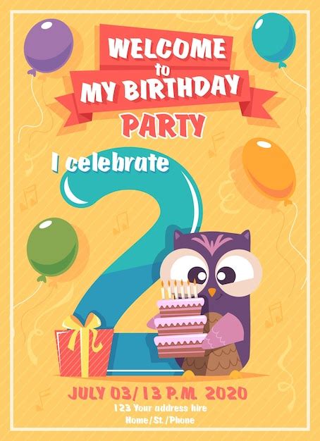 Cartaz de festa infantil coruja balões e bolo Vetor Premium