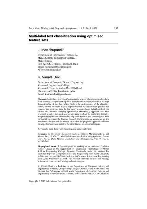 pdf multi label text classification using optimised feature sets