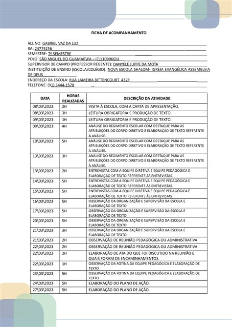 Ficha DE Acompanhamento FICHA DE ACOMPANHAMENTO ALUNO GABRIEL VAZ DA