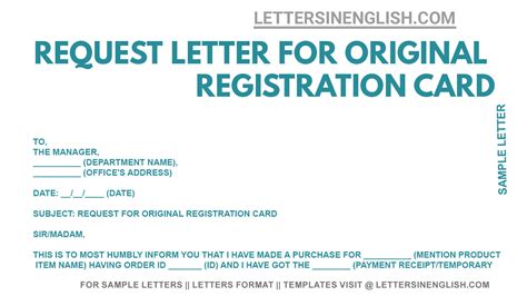 Request Letter For Original Registration Card Sample Letter