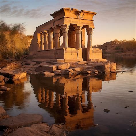 Un Edificio Con Un Reflejo De La Puesta De Sol En El Agua Foto Premium