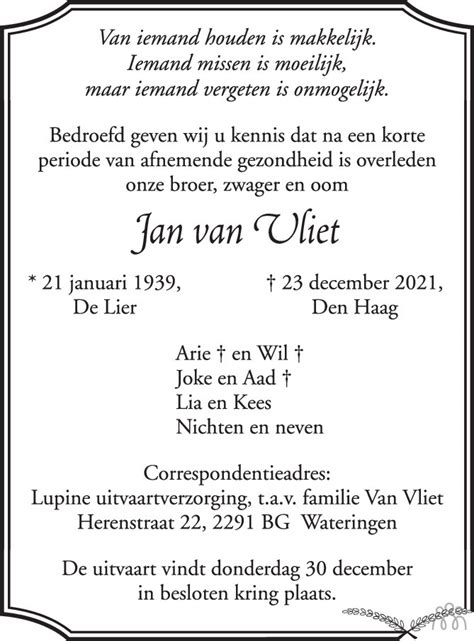 Jan Van Vliet Overlijdensbericht En Condoleances Mensenlinq Nl