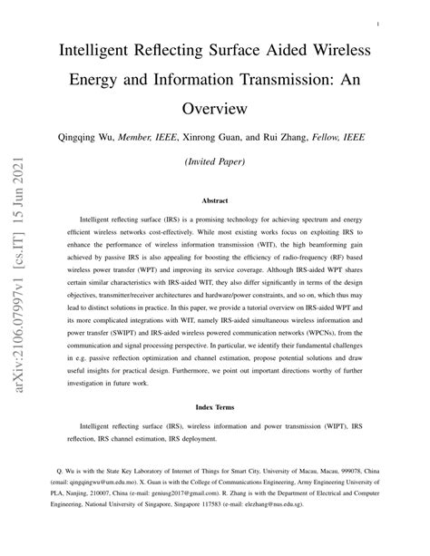 pdf intelligent reflecting surface aided wireless energy and information transmission an overview