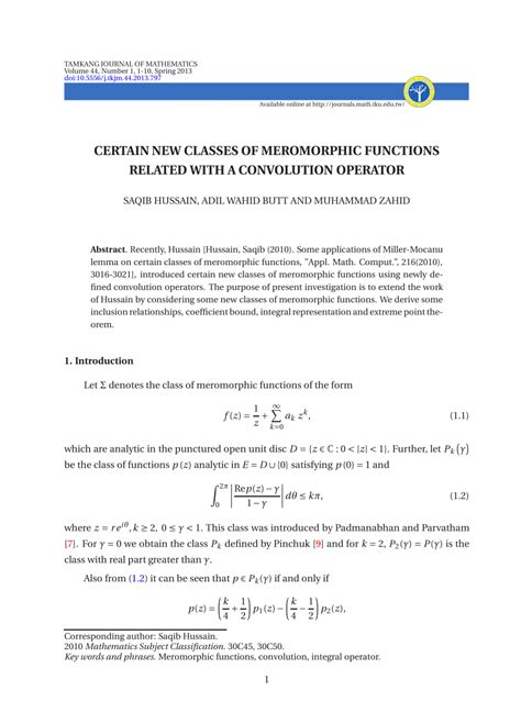 pdf certain new classes of meromorphic functions related with a convolution operator