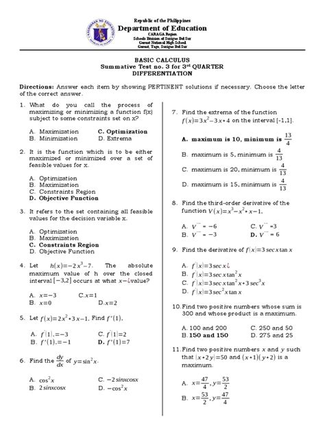 basic calculus summative 3 pdf maxima and minima mathematical optimization