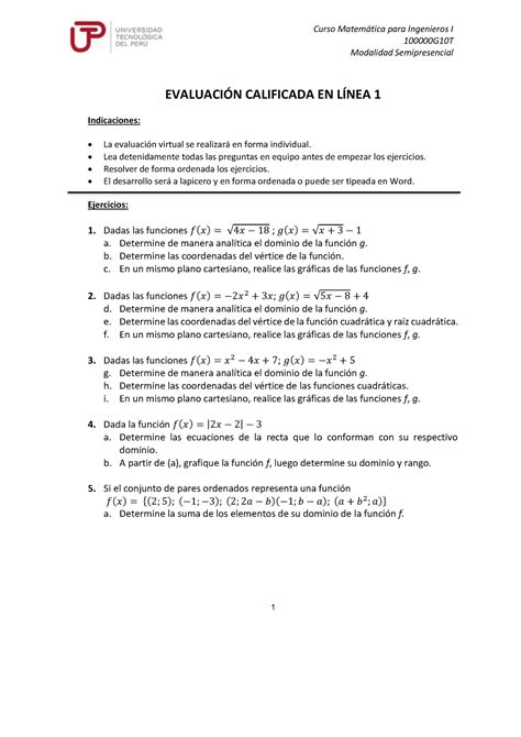 UTP Evaluación Calificada en linea 1 Curso Matemática para Ingenieros