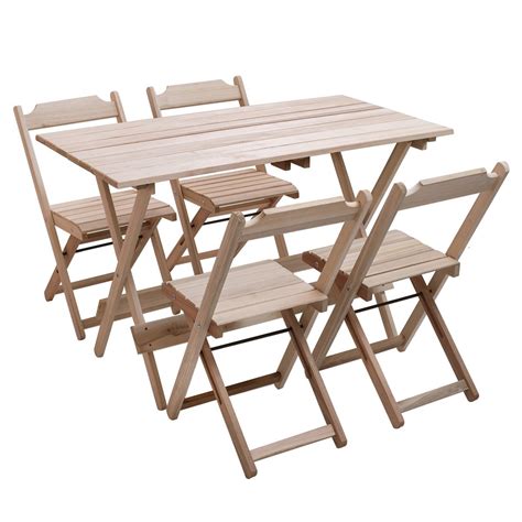 Conjunto Dobrável de Mesa 120x70 1 Mesa e 4 Cadeiras em Madeira