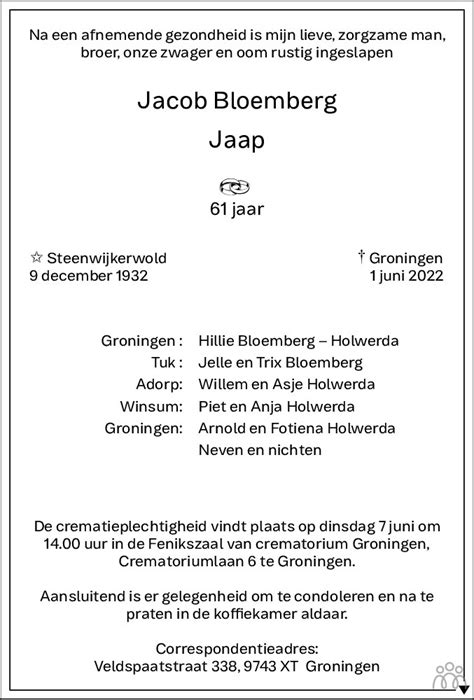Jacob Jaap Bloemberg 01 06 2022 Overlijdensbericht En Condoleances