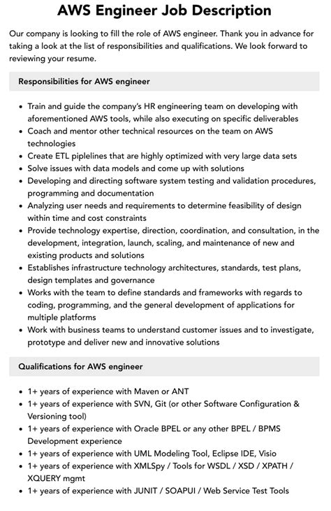 AWS Engineer Job Description Velvet Jobs