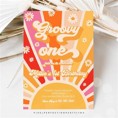 Editable Groovy One Birthday Invitation Retro Sunshine Groovy Etsy
