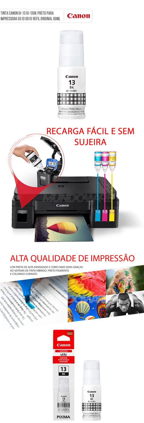 Tinta Preta Canon Original GI13 P Mega Tank G510 G610 Mundoware