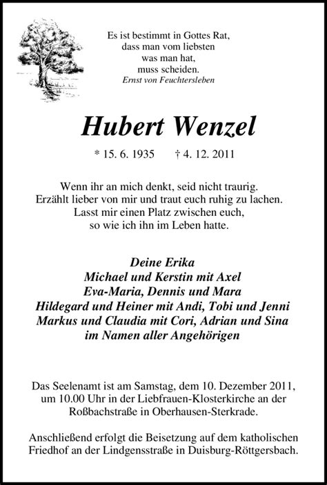 Traueranzeigen Von Hubert Wenzel Trauer In NRW De