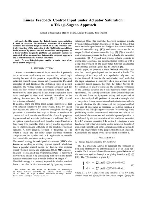 pdf linear feedback control input under actuator saturation a takagi sugeno approach souad