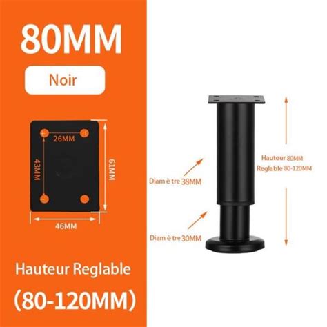 4x Pieds de Meuble Réglable Pieds d Armoire en Fer Noir Hauteur 8cm