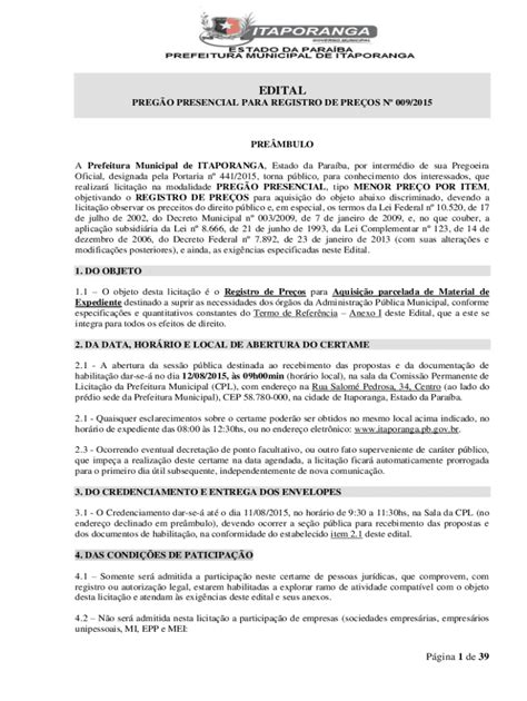 Preenchível Disponível EDITAL DO PREGO PRESENCIAL REGISTRO DE PREOS