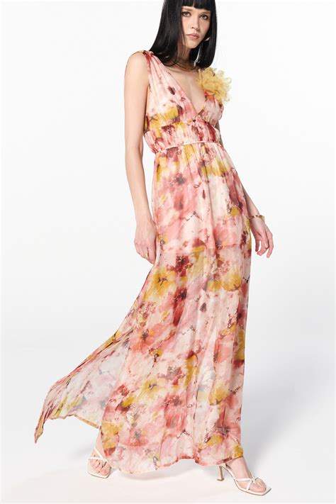 ABITO LUNGO CHIFFON FANTASIA A FIORI SFUMATI CON SPILLA FIORE SoAllure