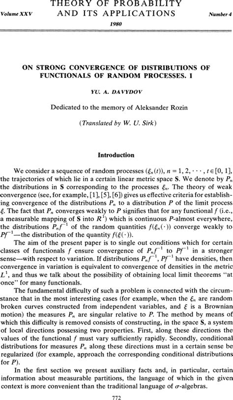 on strong convergence of distributions of functionals of random processes i theory of