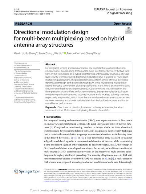pdf directional modulation design for multi beam multiplexing based on hybrid antenna array