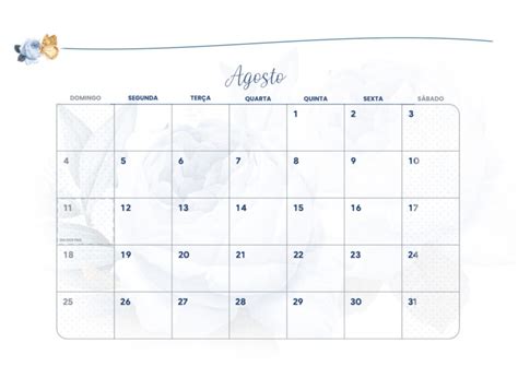 Calendário Mensal 2024 Rosas Azul e Borboleta Agosto Fazendo a Nossa