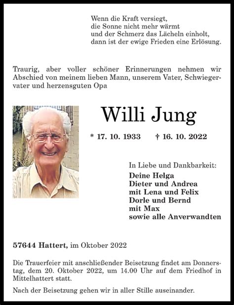 Traueranzeigen Von Willi Jung Rz Trauer De