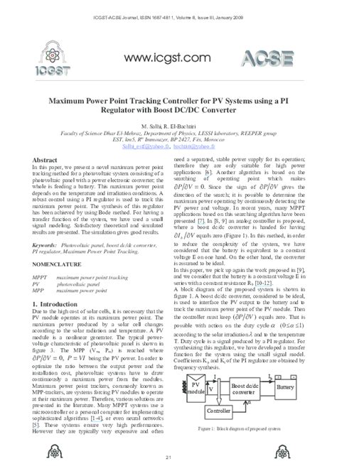 pdf maximum power point tracking controller for pv systems using a pi regulator with boost dc