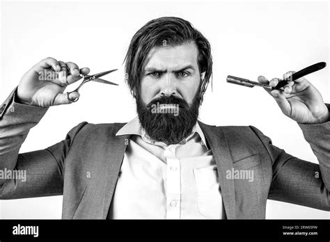 Bearded Client Visiting Barber Shop Barber Scissors And Straight Razor Barber Shop Suit