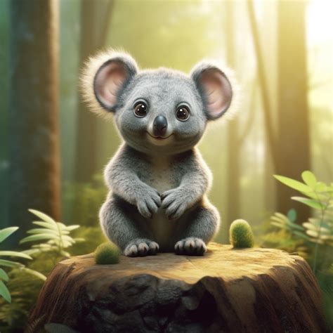 Un koala se sienta en el tocón de un árbol en un bosque Foto Premium