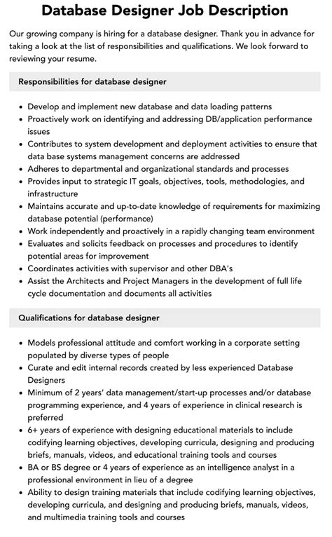 Database Designer Job Description Velvet Jobs