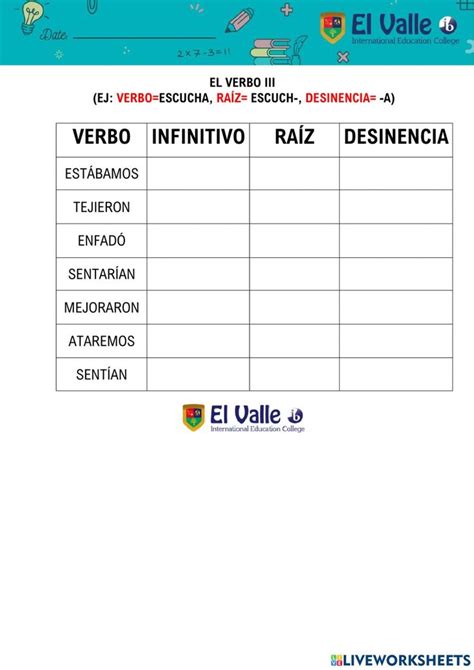 Raíz y desinencia verbal II worksheet Desinencias Clasificación de