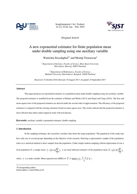 pdf a new exponential estimator for finite population mean under double sampling using one
