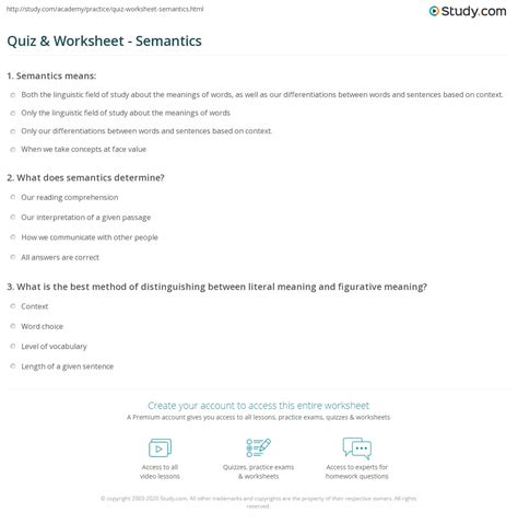 quiz and worksheet semantics