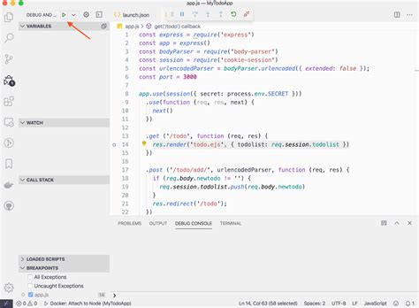 debug a node js application running in docker container vrogue