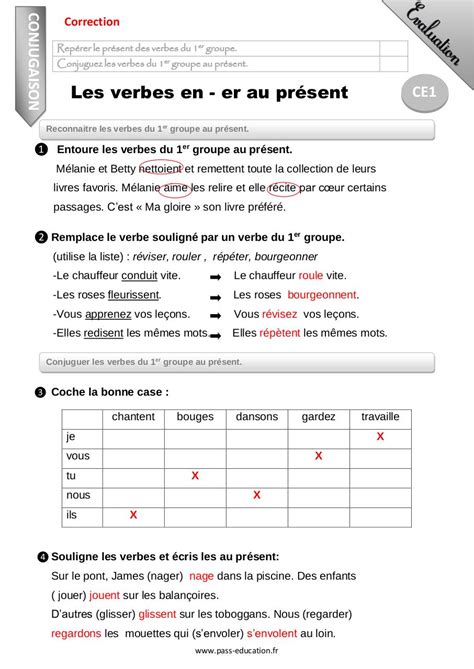 Verbes en er au présent Evaluation Bilan CE1 Correction PDF par pass