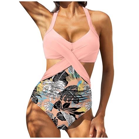 FAFWYP Sexy Halter Criss Cross One Piece Bathing Suit For Women Flower