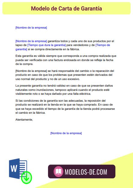Modelo de Carta de garantía en Word Descarga Gratis